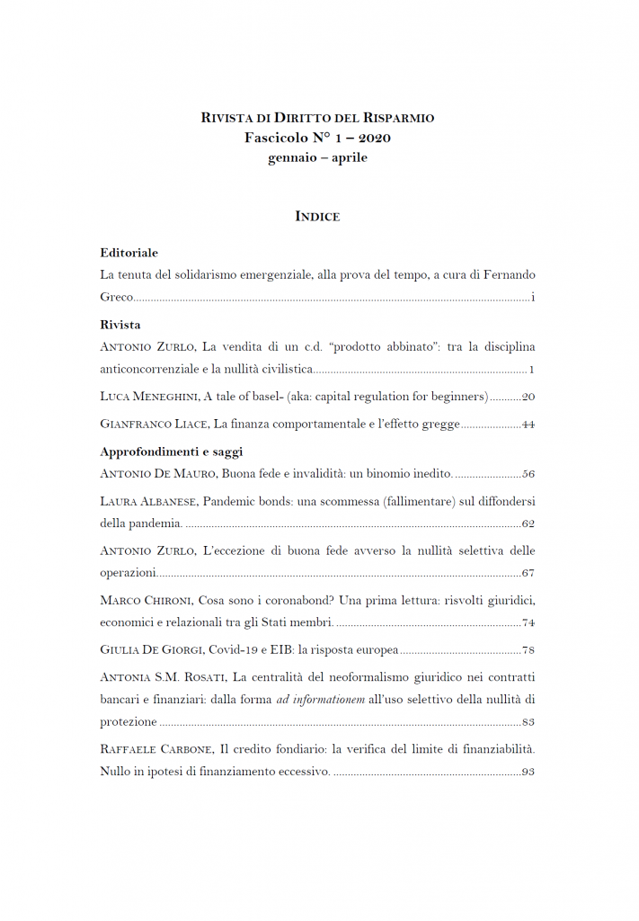 Rivista di Diritto del Risparmio – Fascicolo 1/2020 – Diritto del Risparmio